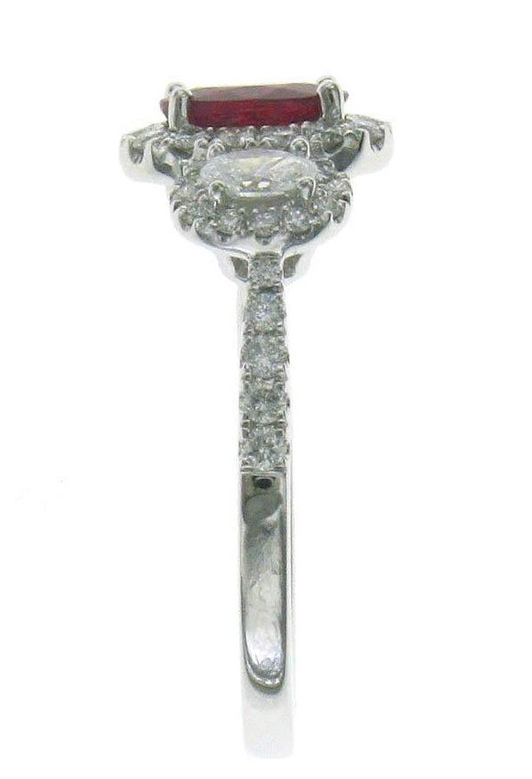 Three Stone Oval Ruby Center Halo Ring with Diamonds – HANIKEN JEWELERS ...