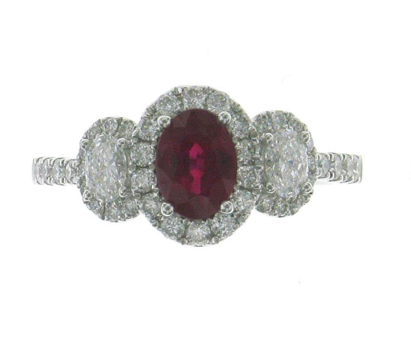 Three Stone Oval Ruby Center Halo Ring with Diamonds – HANIKEN JEWELERS ...