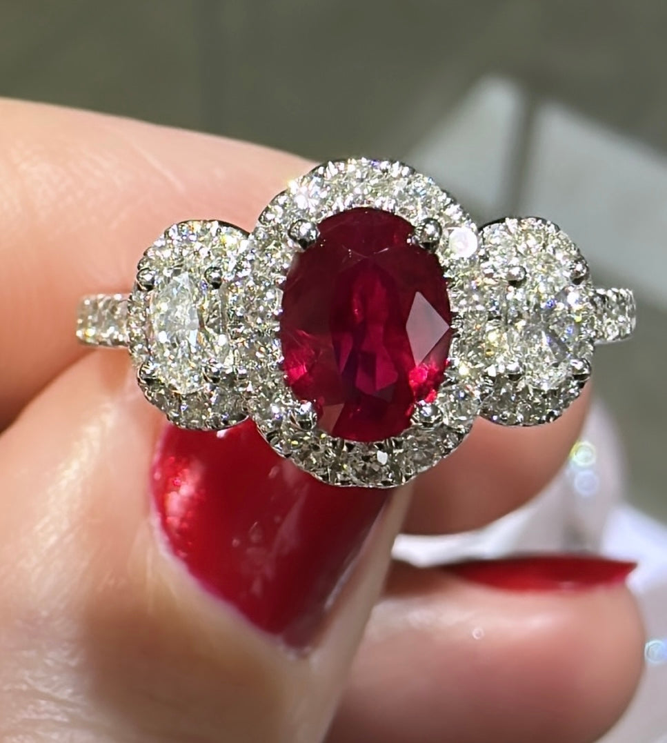 Three Stone Oval Ruby Center Halo Ring with Diamonds – HANIKEN JEWELERS ...
